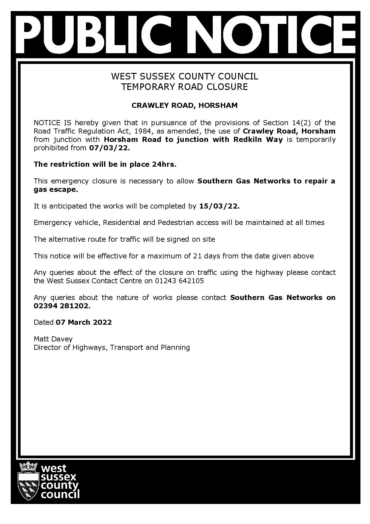 Temporary Road Closure – Crawley Road | North Horsham Parish Council