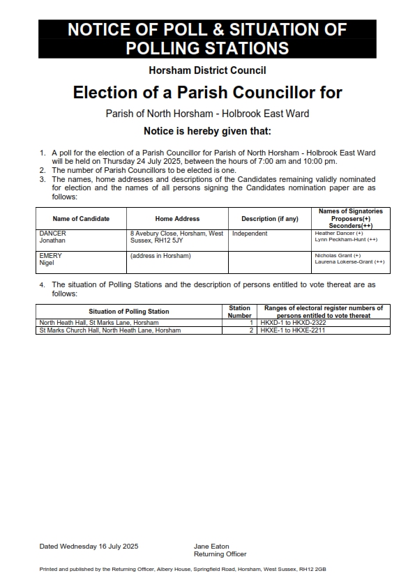 Notice of Poll Stations – 24th July 2025 | North Horsham Parish Council